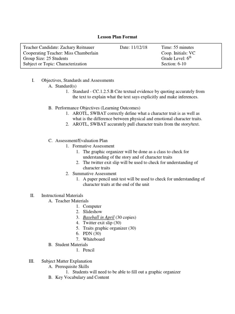 Characterization Lesson Plan | PDF | Cognition | Learning