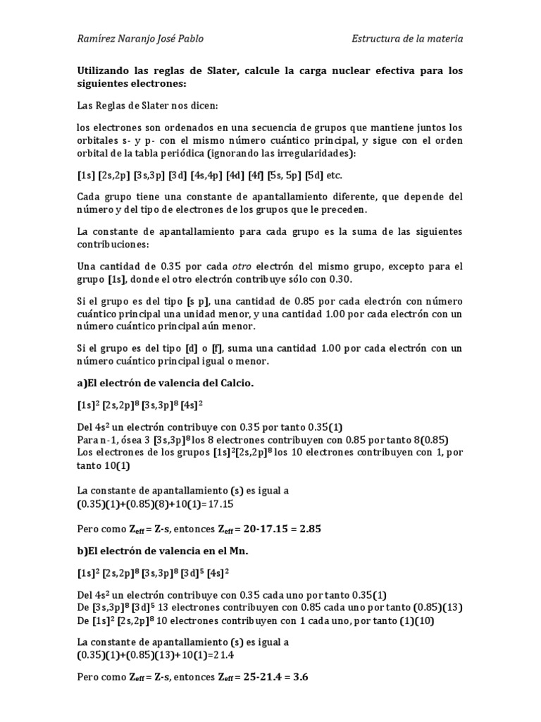 Carga Nuclear Efectiva-Reglas de Slater | PDF | Física moderna | Física ...