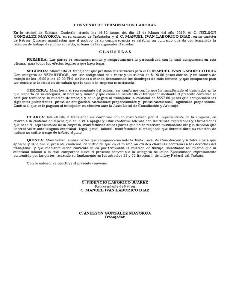 Convenio de Terminacion Laboral | PDF | Salario | Gobierno