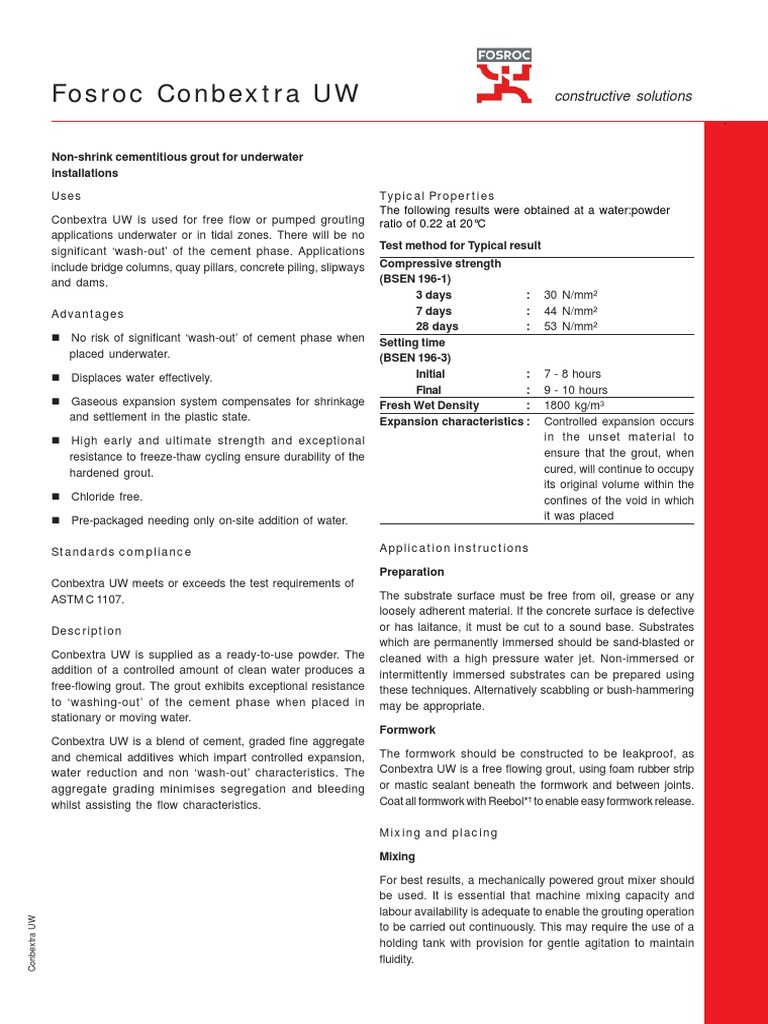 Fosroc Conbextra UW: Constructive Solutions | PDF | Concrete | Cement