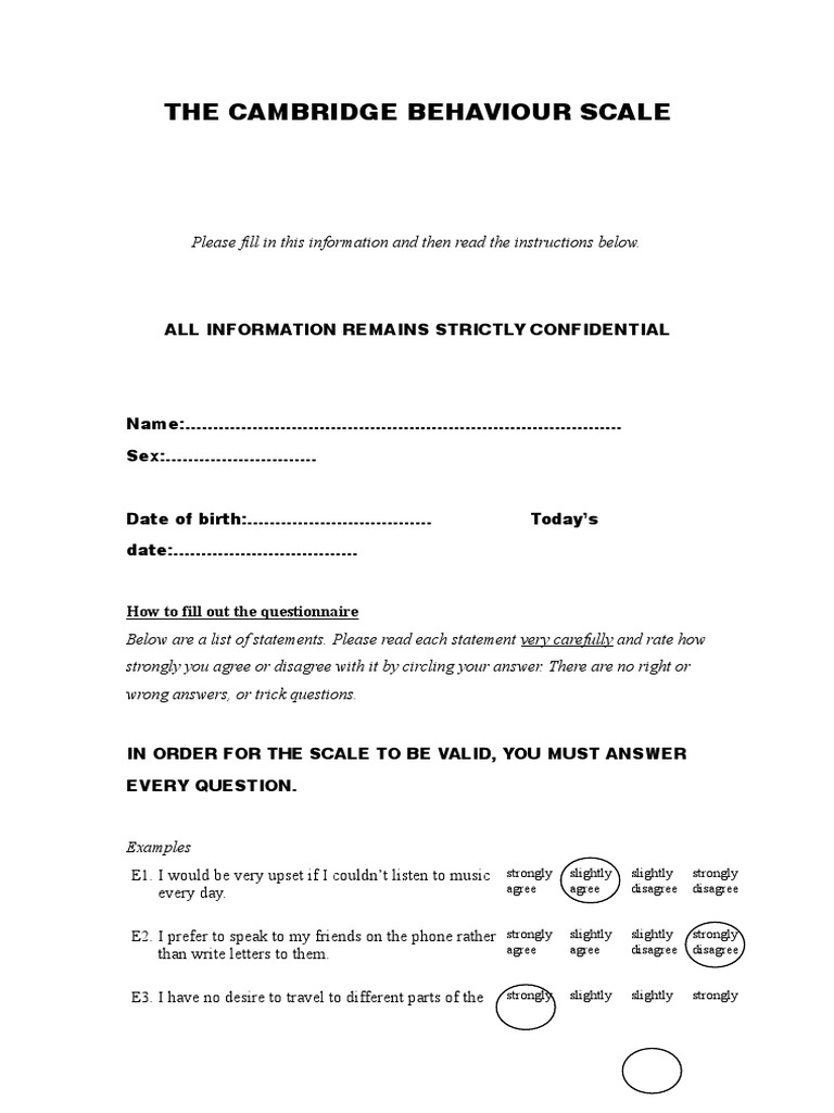 The Cambridge Behaviour Scale: How To Fill Out The Questionnaire | PDF ...