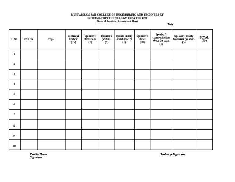 Seminar Assessment Sheet Template | PDF