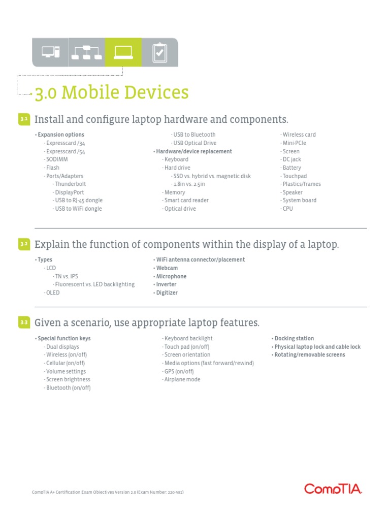 3.0 Mobile Devices: Install and Configure Laptop Hardware and ...