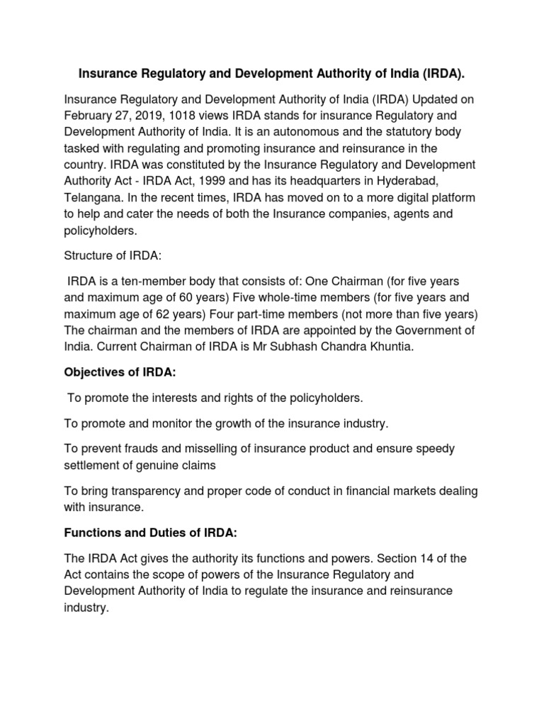 Insurance Regulatory and Development Authority of India (IRDA) | PDF ...