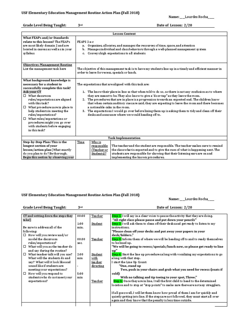 Usf l1 Management Routine Action Plan | PDF | Teachers | Classroom