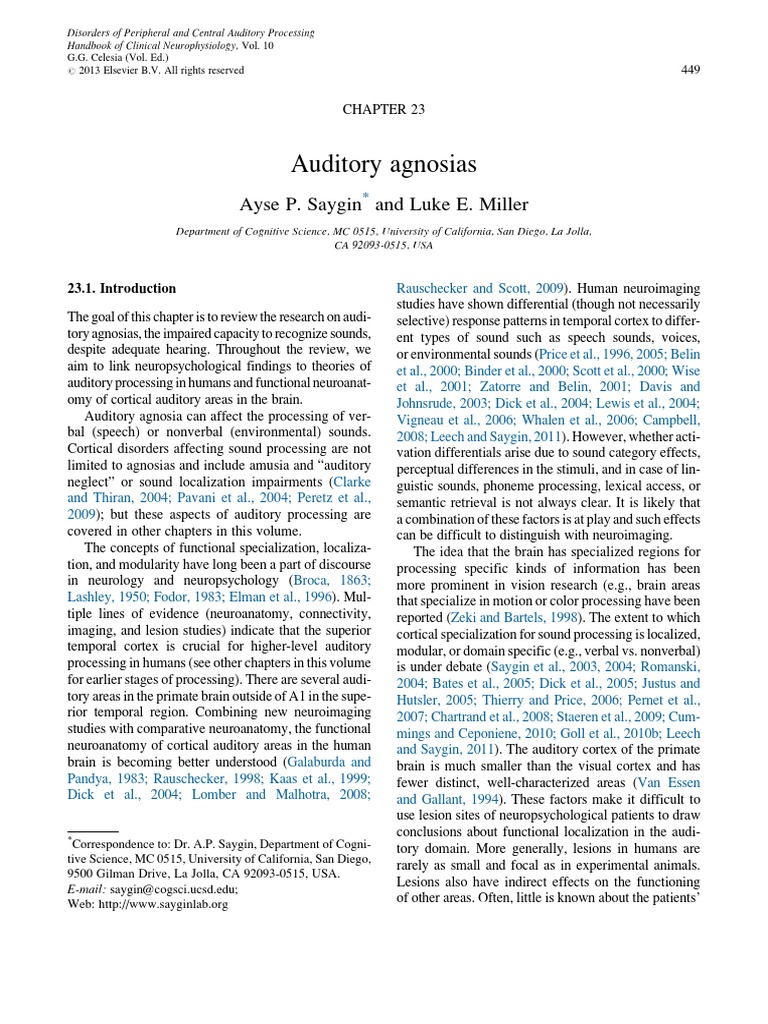 Auditory Agnosias: Ayse P. Saygin and Luke E. Miller | PDF | Temporal ...