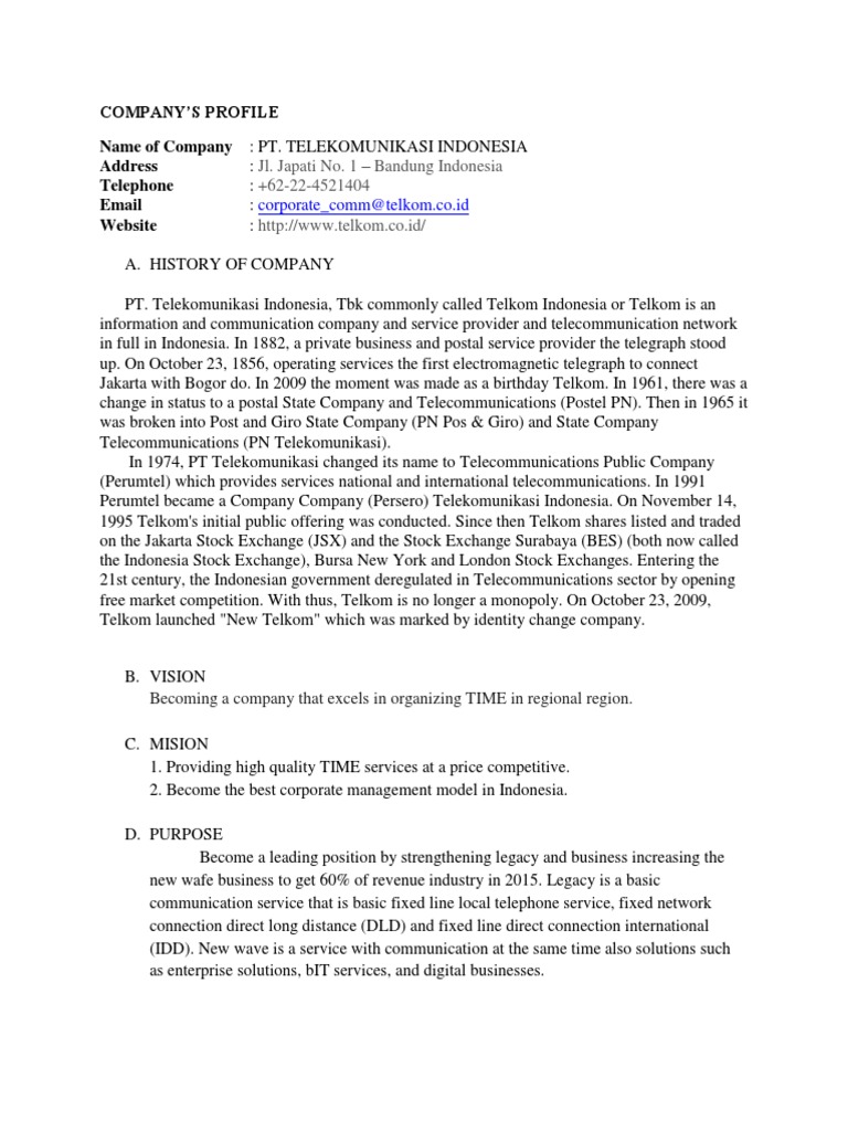 Company'S Profile Name of Company: Pt. Telekomunikasi Indonesia Address ...