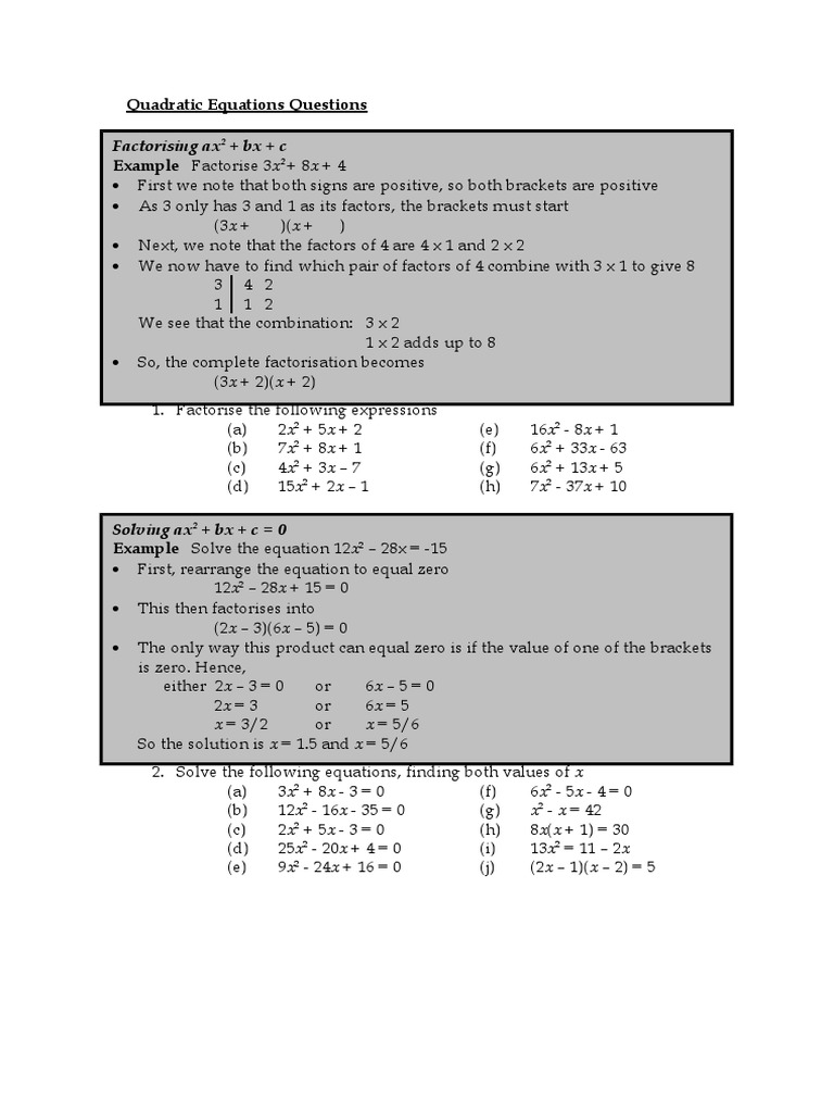 Factorising Ax + BX + C: Quadratic Equations Questions | PDF ...