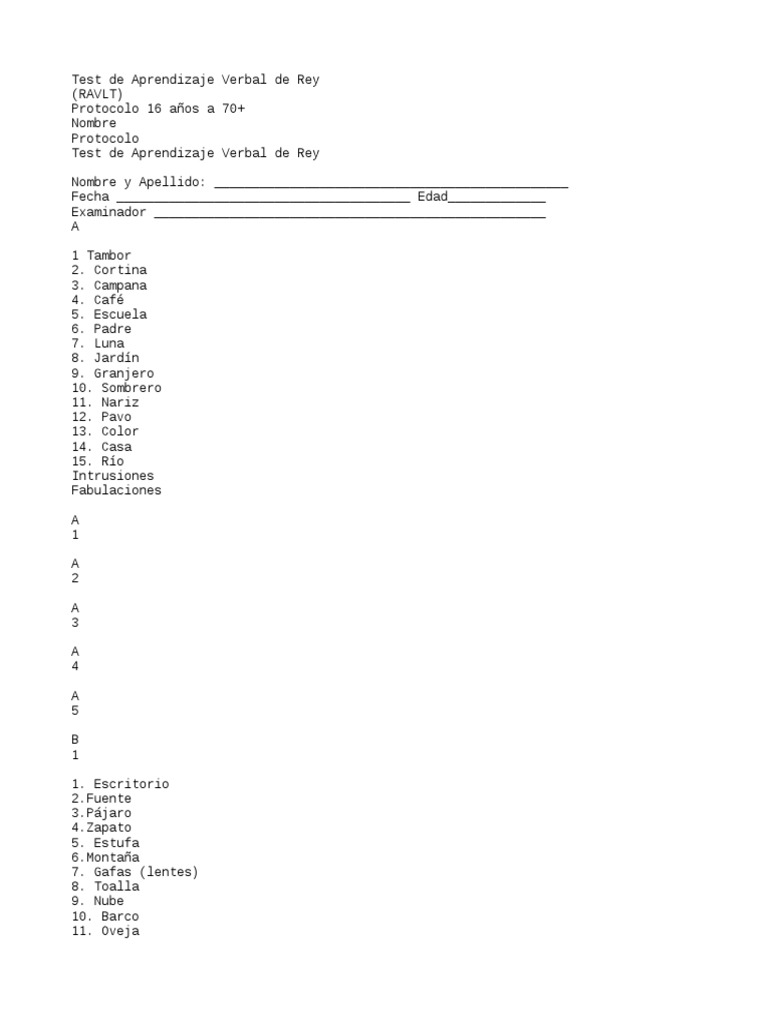Test Auditivo Verbal de Rey RAVLT | PDF