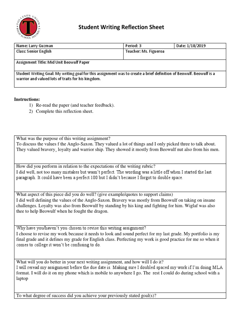 Student Writing Reflection Sheet: Instructions | PDF | Beowulf | Cognition