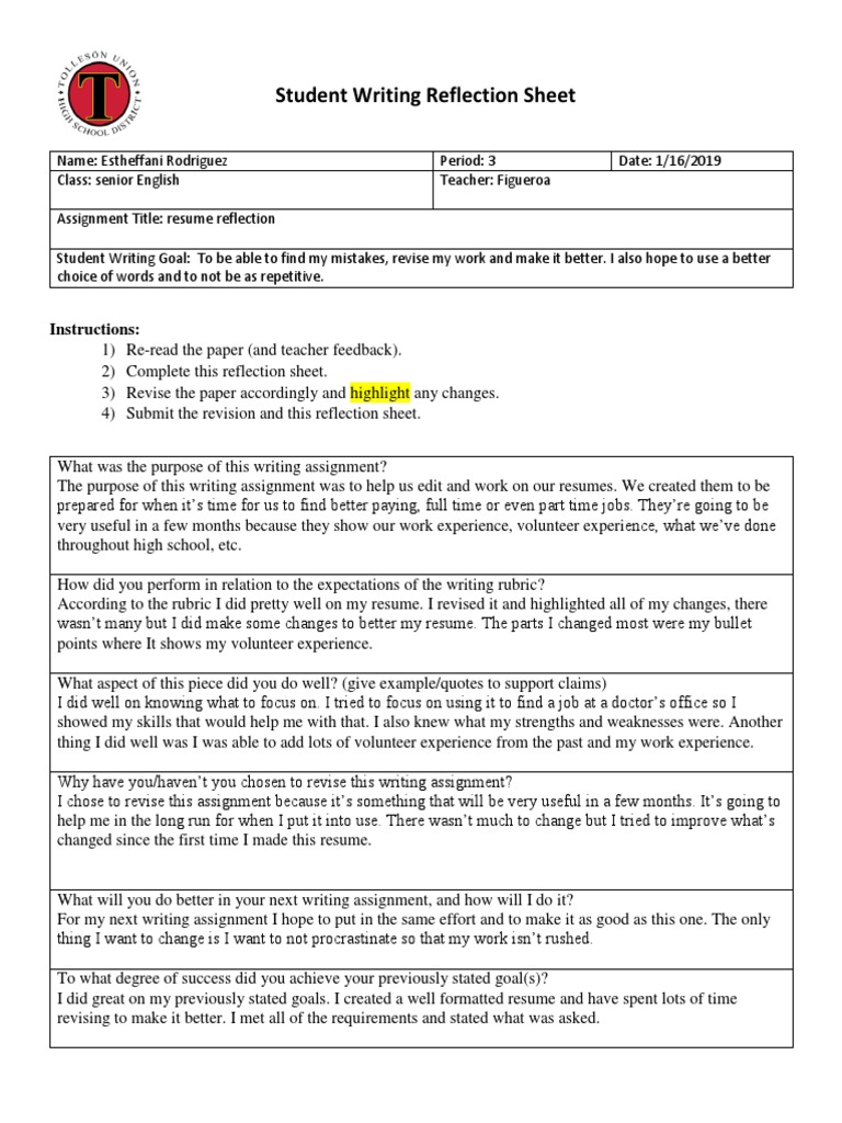 q1 Mu Resume Reflection | PDF | Rubric (Academic) | Communication