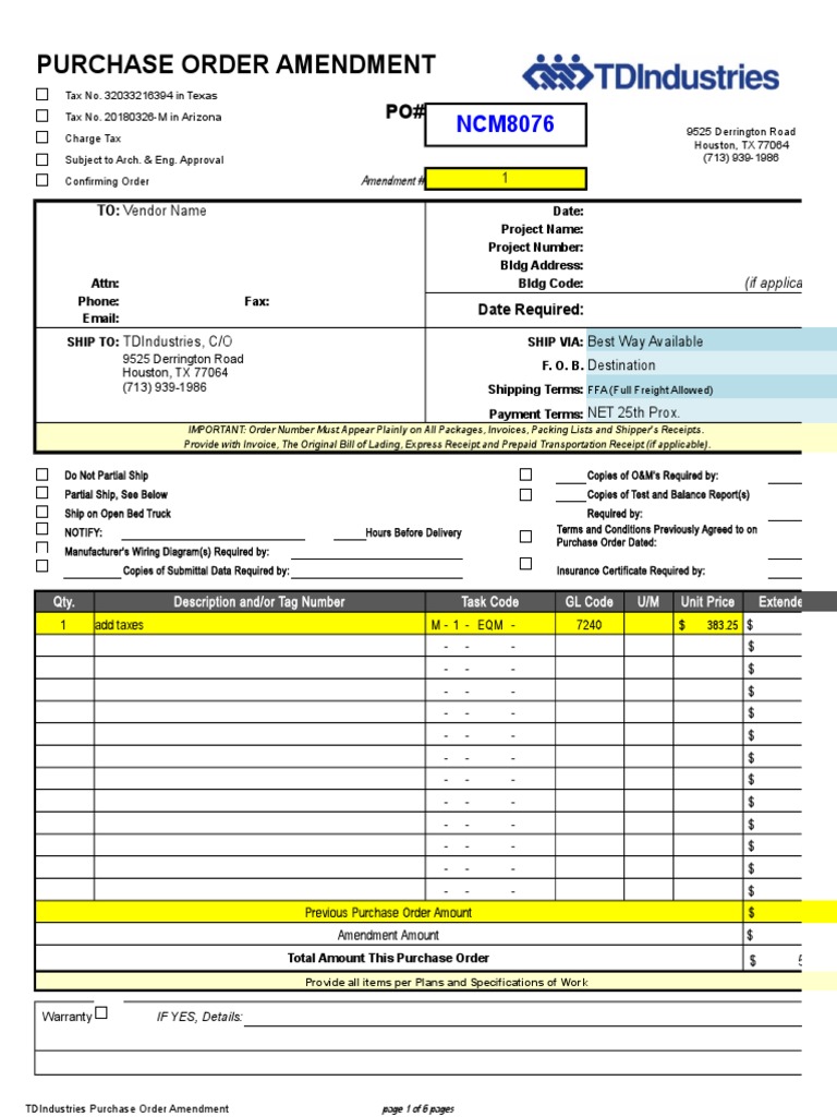 Purchase Order Amendment | PDF | Receipt | Cargo