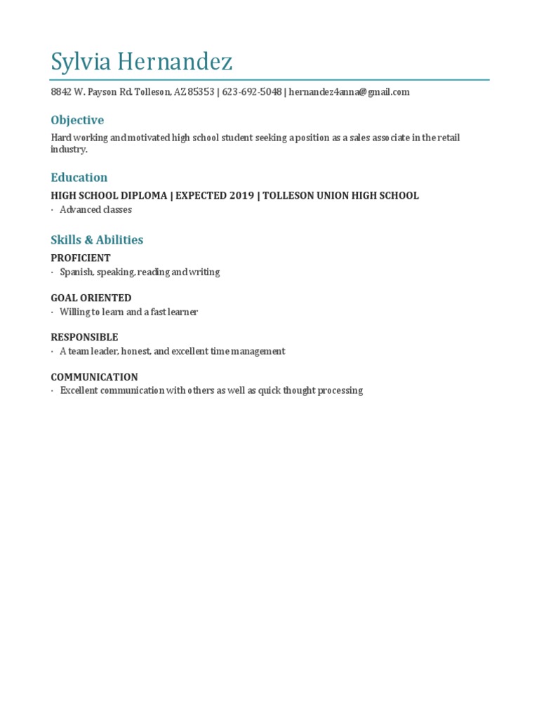 High School Student Sales Associate Resume | PDF
