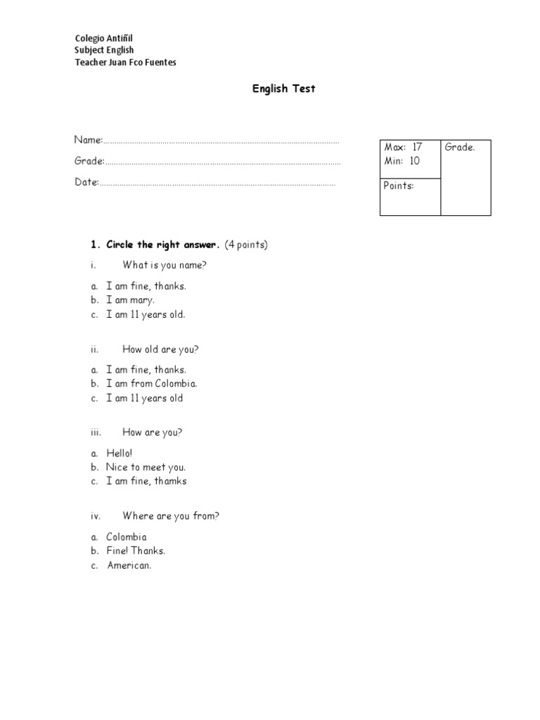 English Test 5 Bàsico | PDF