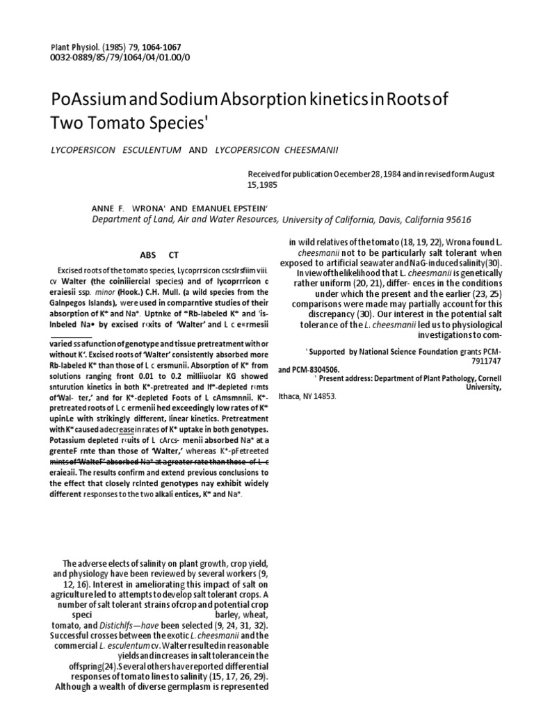 Poassium and Sodium Absorption Kinetics in Roots of Two Tomato Species ...