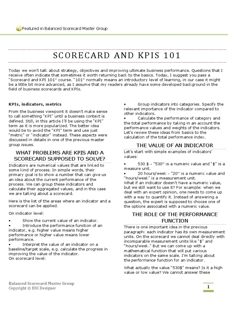 Scorecard and KPI 101 | PDF | Function (Mathematics) | Weight