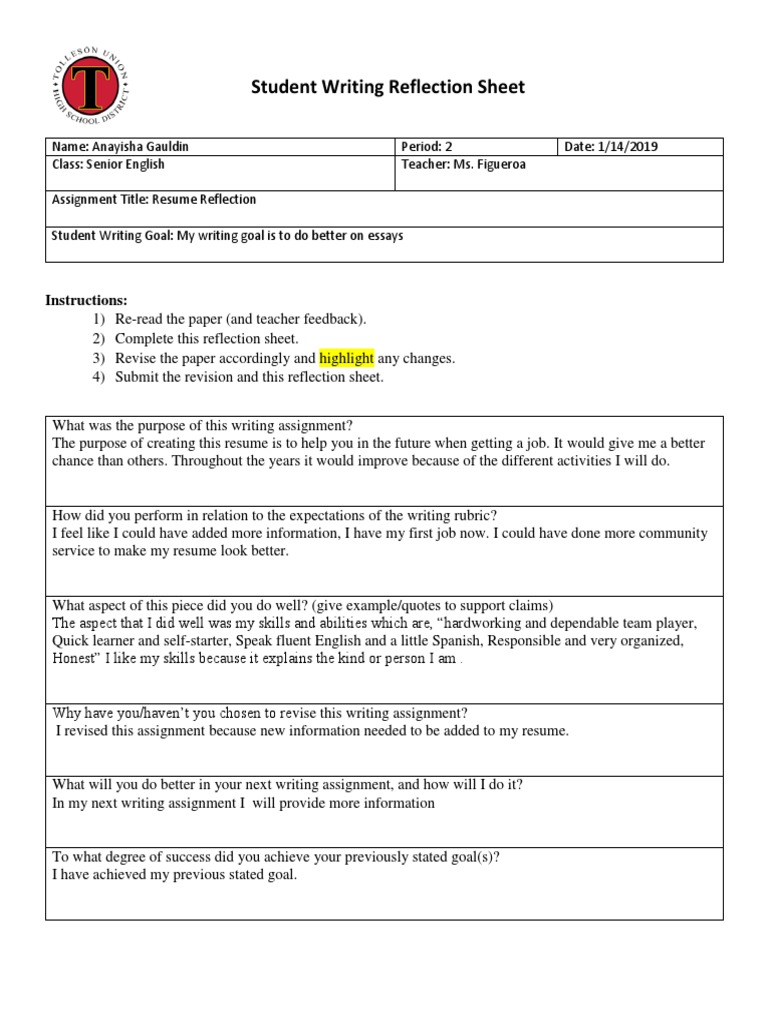 q1 Mid Unit Resume Reflection | PDF | Language Arts & Discipline