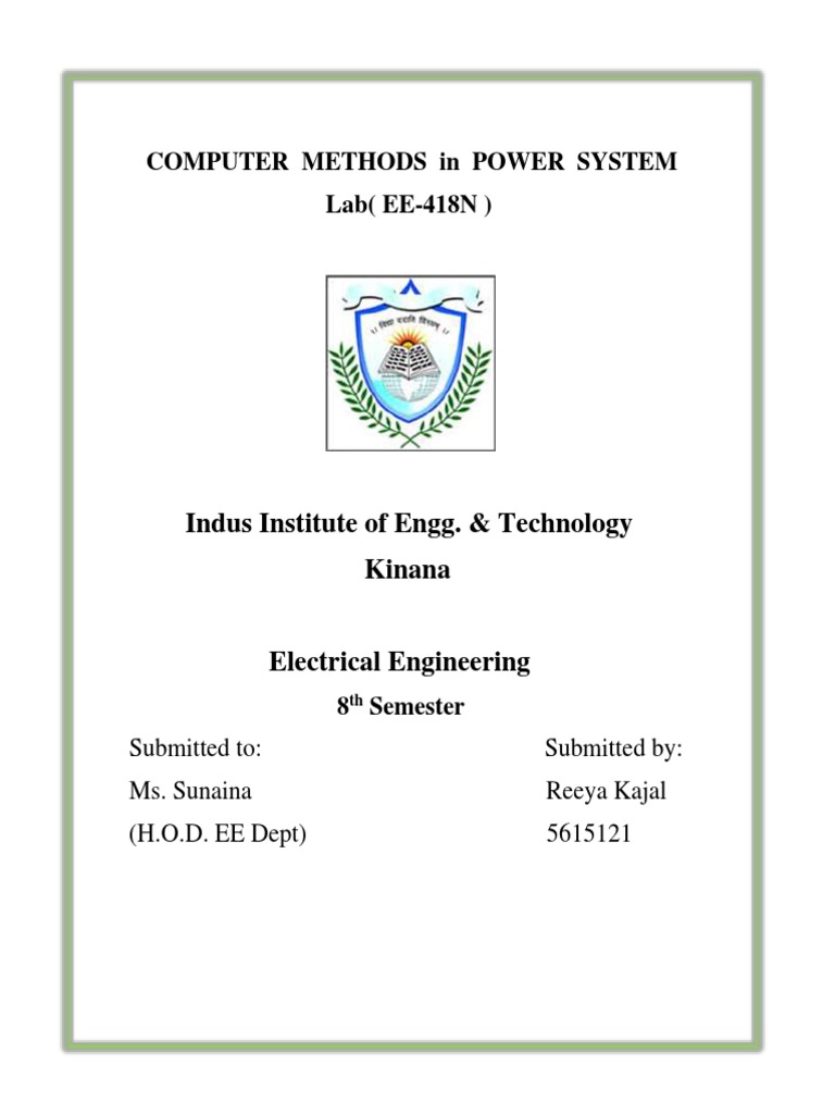 Computer Methods in Power System Lab (EE-418N) : Indus Institute of Engg. & Technology Kinana | PDF