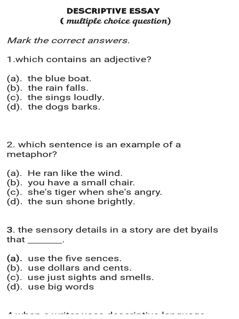 Descriptive Essay MCQs and Answers | PDF | Essays | Semiotics