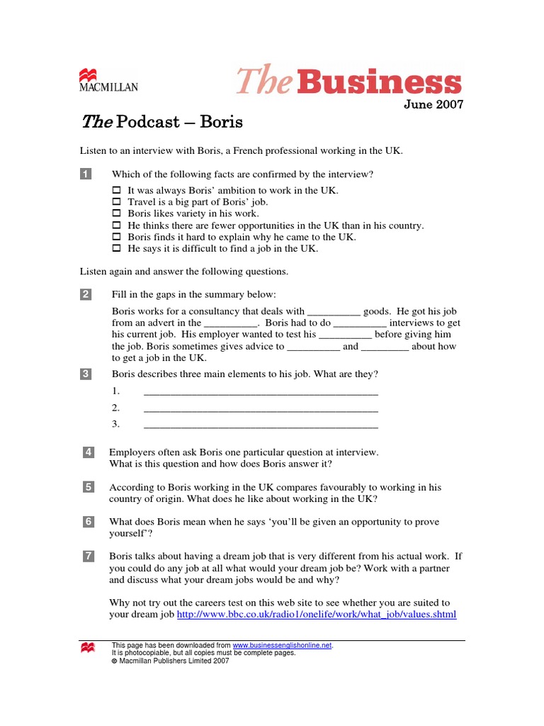 Busiess Podcast - Boris Worksheet | PDF | Interview | Employment