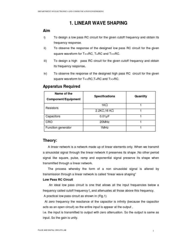 Linear Wave Shaping: Name of The Component/Equipment Specifications Quantity | PDF | Logic Gate ...