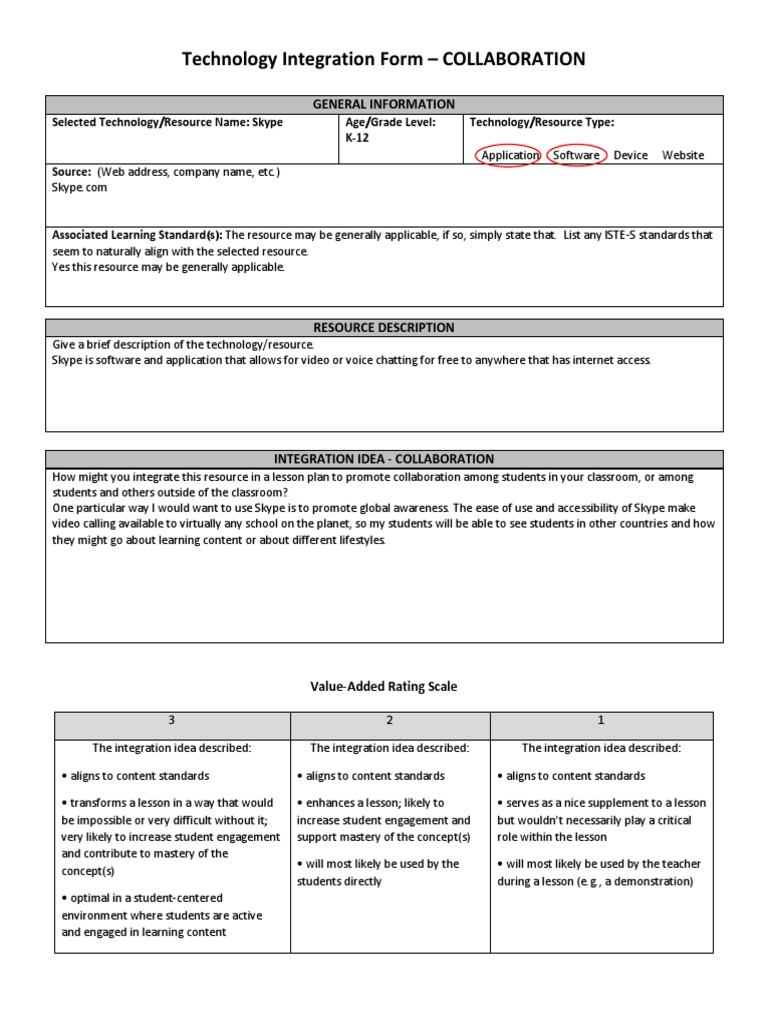 Technology Integration Form | PDF | Teaching | Cognition