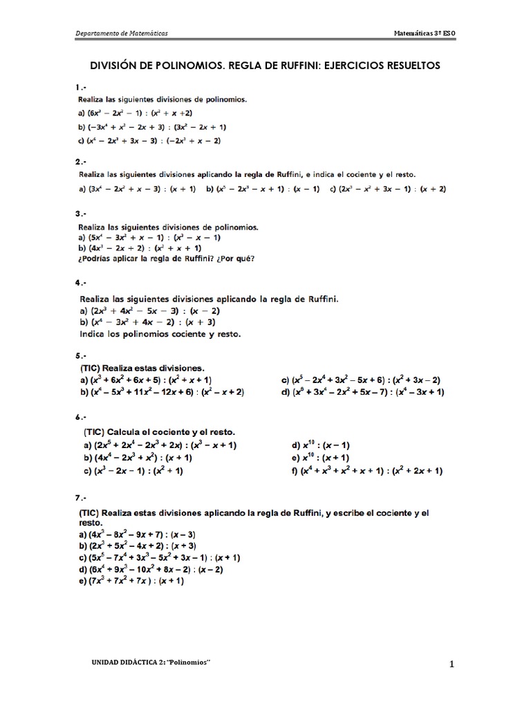 División De Polinomios. Regla De Ruffini: Ejercicios Resueltos