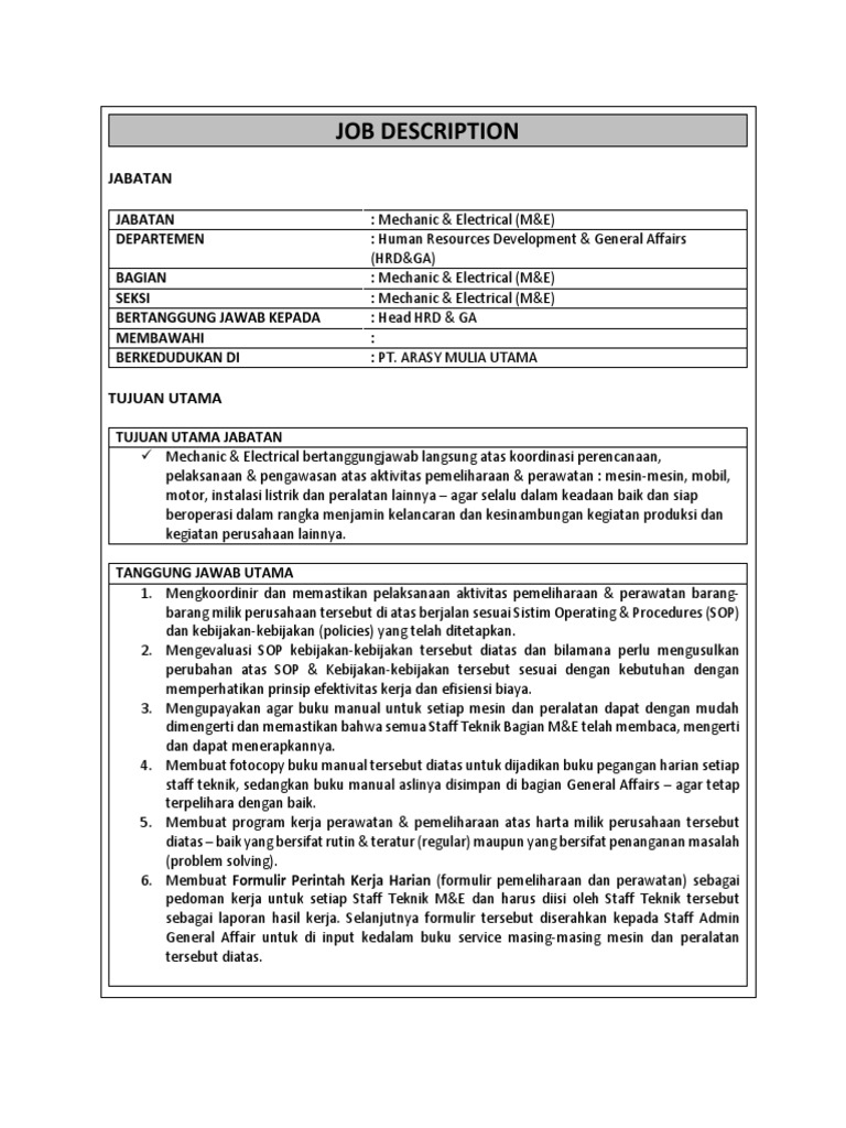Job Desk Mekanik & Elektrikal M&E | PDF