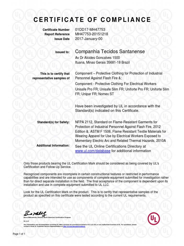 UL Compliance Certificate for Apparel | PDF | Clothing | Personal ...