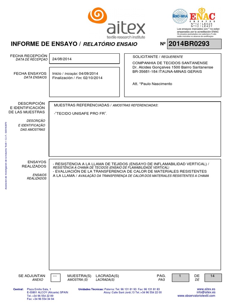 Unisafe Pro FR - Aitex 2014BR0293 NFPA 2112-2012 - 24-08-2014 PDF | PDF ...