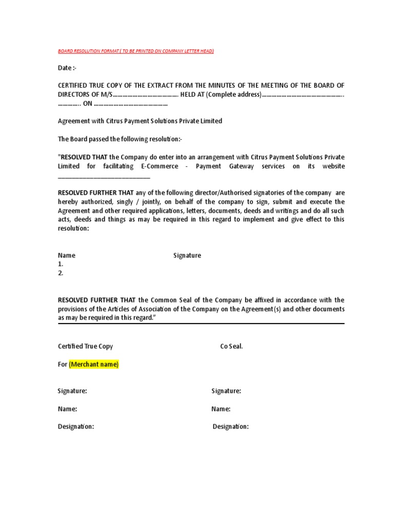 Certified Board Resolution Format | PDF | Business | Finance & Money ...