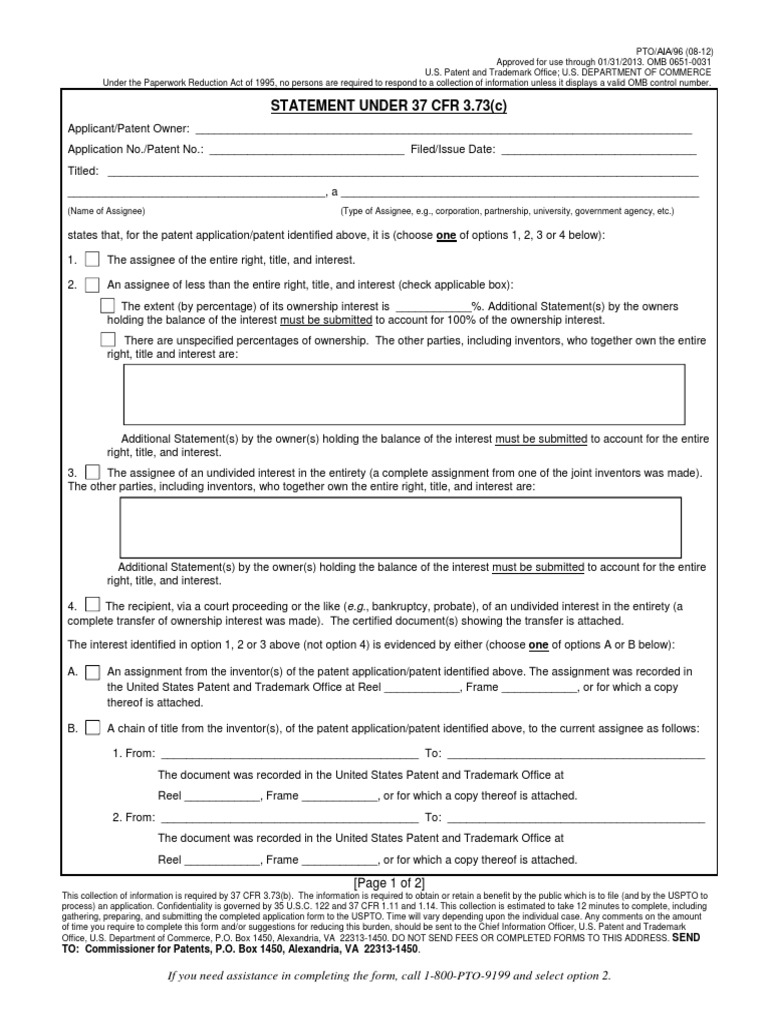 Blank - Form 3.73 | PDF | Patent Application | United States Patent And ...