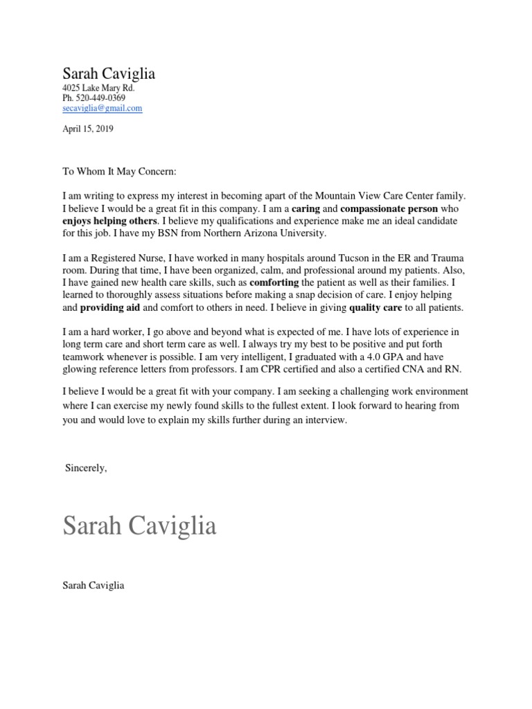 Persuasive Cover Letter - Sarah Caviglia 1 | PDF | Nursing | Health Care