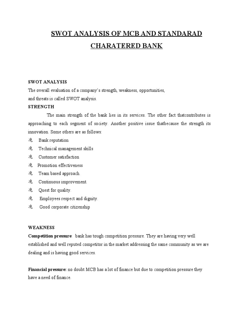 Swot Analysis of MCB and Standarad Charatered Bank | PDF | Swot ...