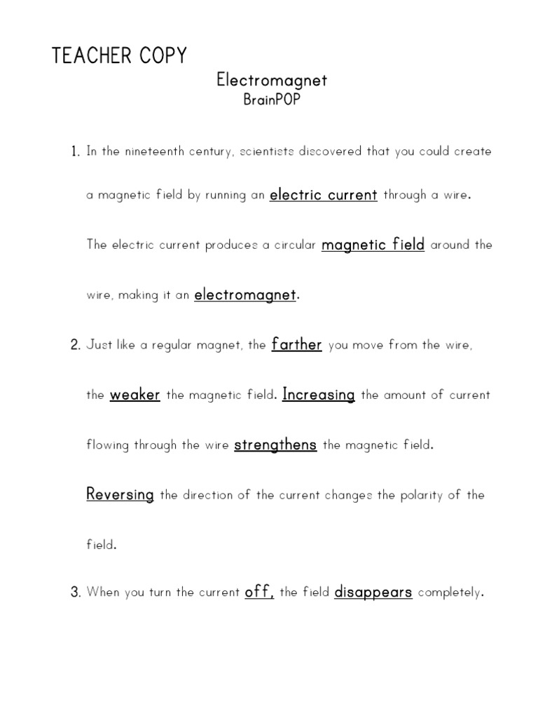 Electromagnets Guided Notes Brainpop Blank Answers | PDF
