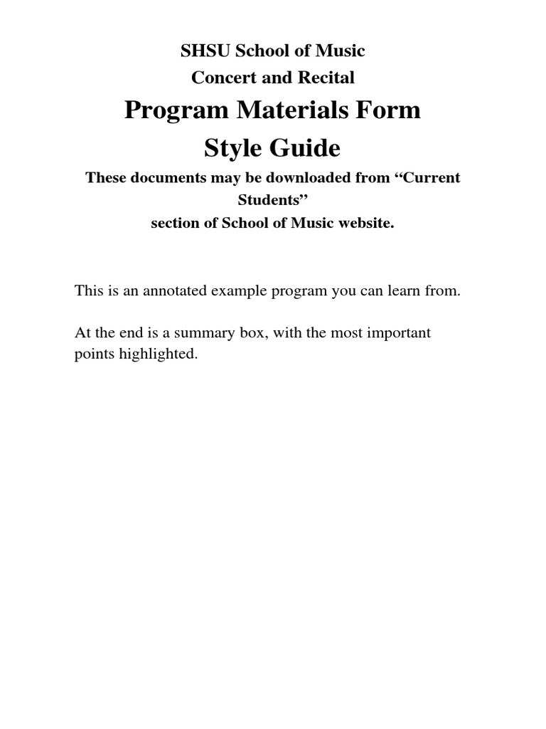 Program Materials Form Style Guide: SHSU School of Music Concert and ...