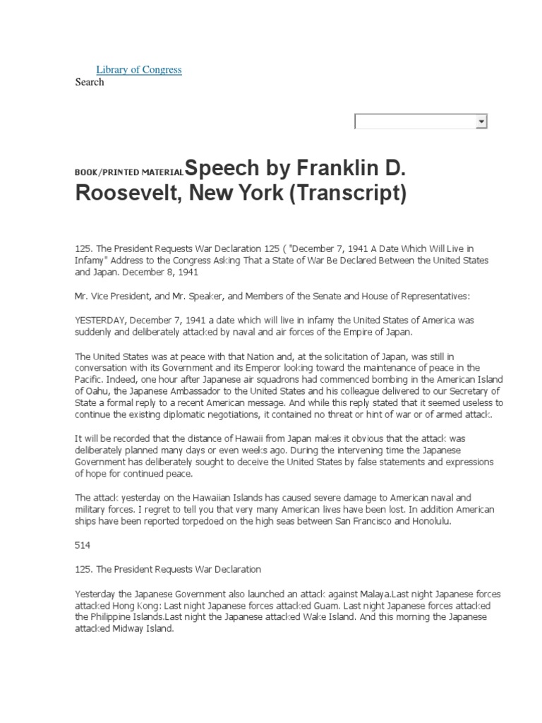 President Franklin Roosevelt Pearl Harbor Speech