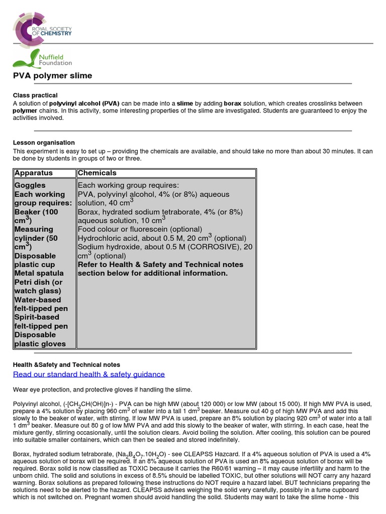 PVA Polymer Slime: Class Practical | PDF | Materials | Chemical Substances