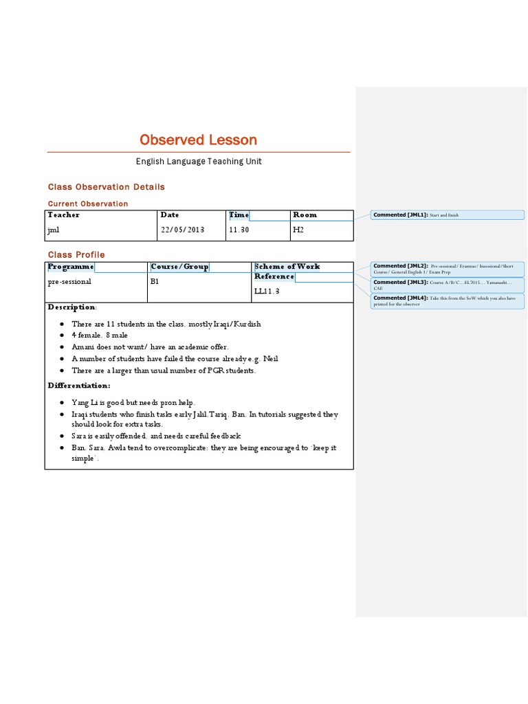 Observed Lesson: Class Observation Details | PDF | Question | Sentence ...