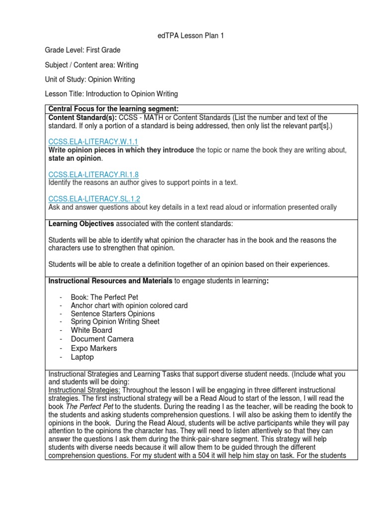 Edtpa Lesson Plan 1-4 | Download Free PDF | Reading Comprehension ...