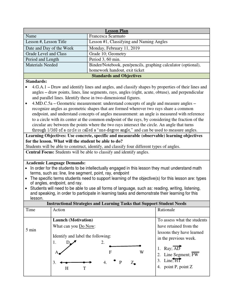 Classifying and Naming Angles Lesson | PDF | Angle | Line (Geometry)
