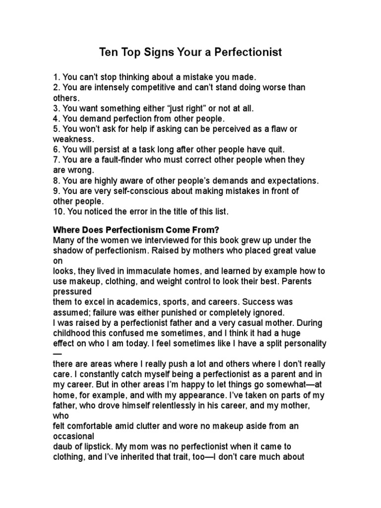 Top 10 Signs of Perfectionism | PDF | Perfectionism (Psychology ...