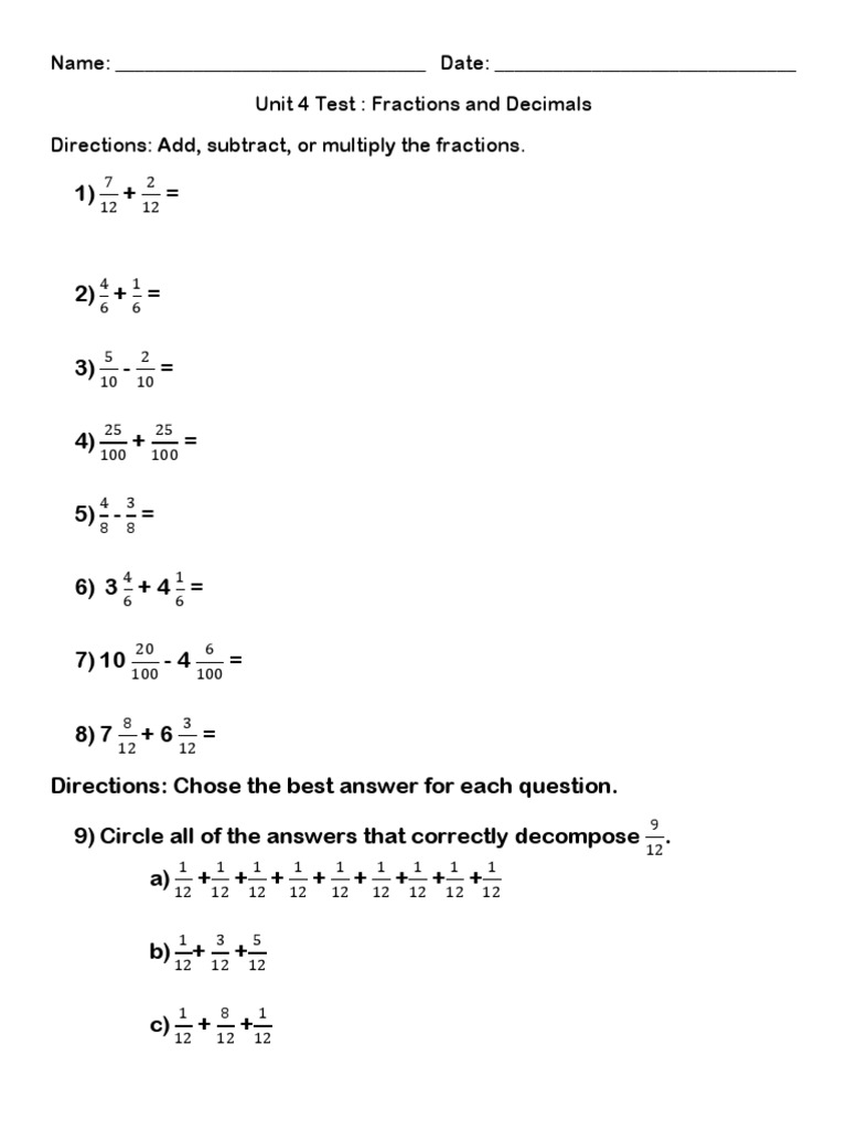 Fractions & Decimals Test | PDF | Fraction (Mathematics) | Elementary ...