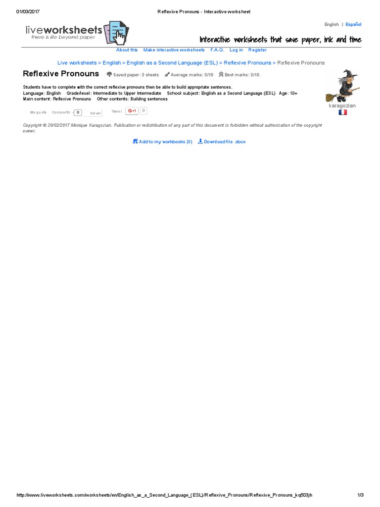 Reflexive Pronouns - Interactive Worksheet | PDF | English As A Second ...