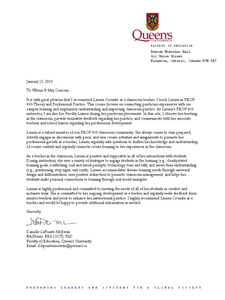 Reference Letter - Danielle Lapointe-Mcewan | PDF | Teachers | Learning