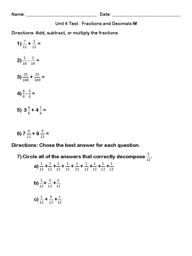 Math Unit 4 Fractions Unit Testm | Download Free PDF | Fraction ...
