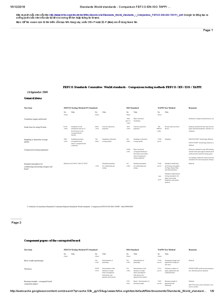Standards World Standards - Comparison FEFCO-En-IsO-TAPPI | PDF ...