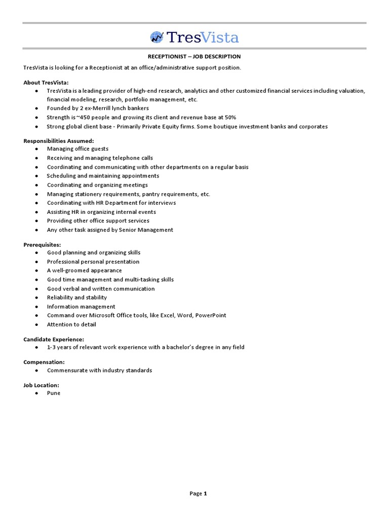 Receptionist - Job Description - Feb2019 PDF | PDF