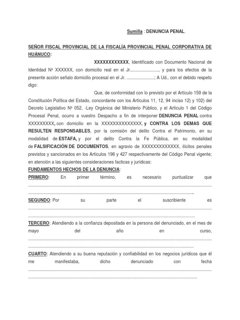 Modelo de Denuncia Por Estafa | PDF | Trucos de confianza | Derecho penal