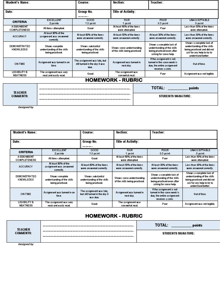 Homework - Rubric: TOTAL | PDF | Homework | Rubric (Academic)